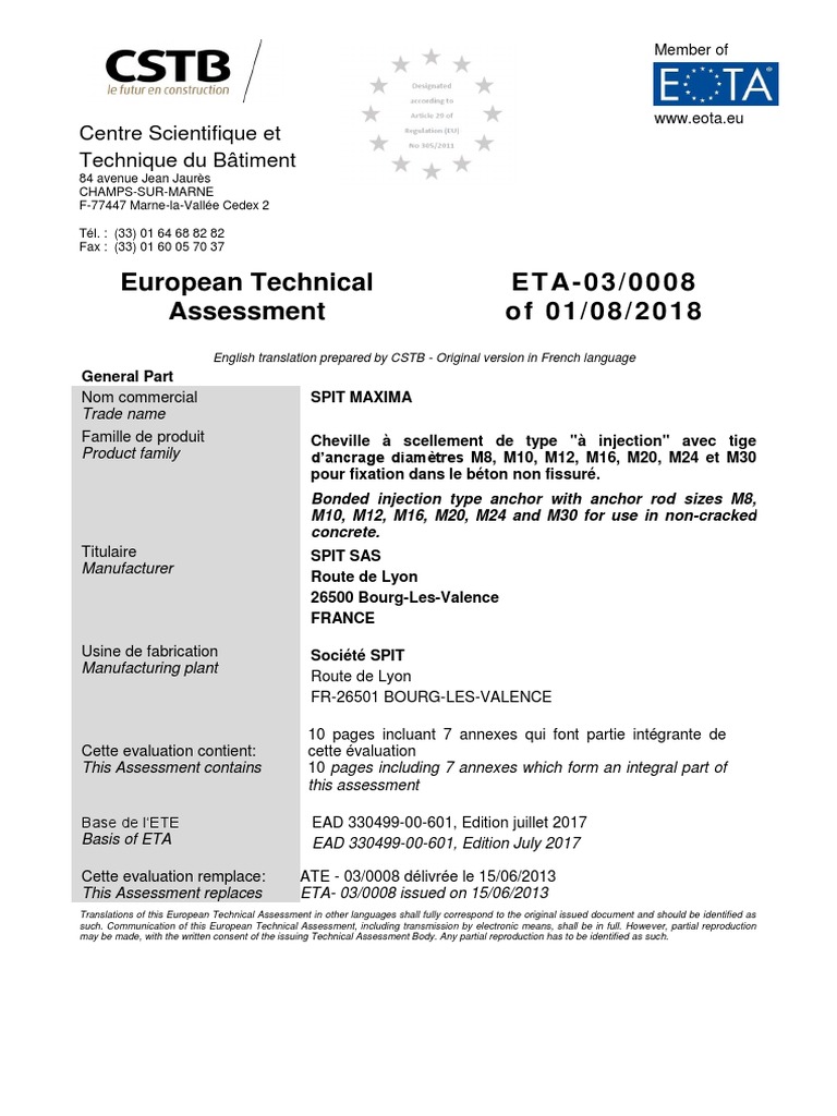 European Technical Assessment ET A - 0 3 / 0 0 0 8 o F 0 1 / 0 8 / 2 0 ...