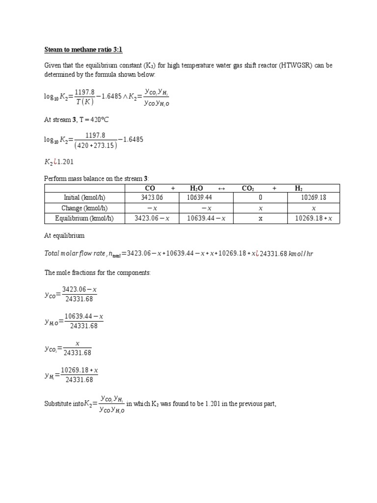 Water Gas Shift Reactor Mass Balances | PDF | Mole (Unit) | Enthalpy