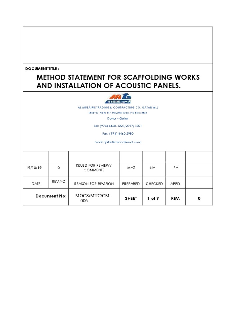 Method Statement For Scaffolding Works and Installation of Acoustic ...