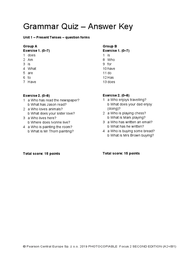 Focus - 2 - 2ed - Grammar - Quiz - Unit 1.2 - GroupA&B - ANSWERS | PDF