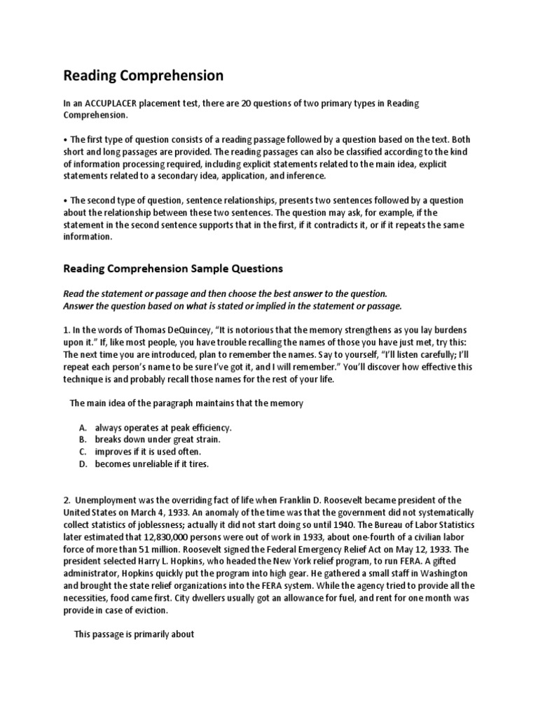 Reading Comprehension Sample Questions | PDF | Reading Comprehension