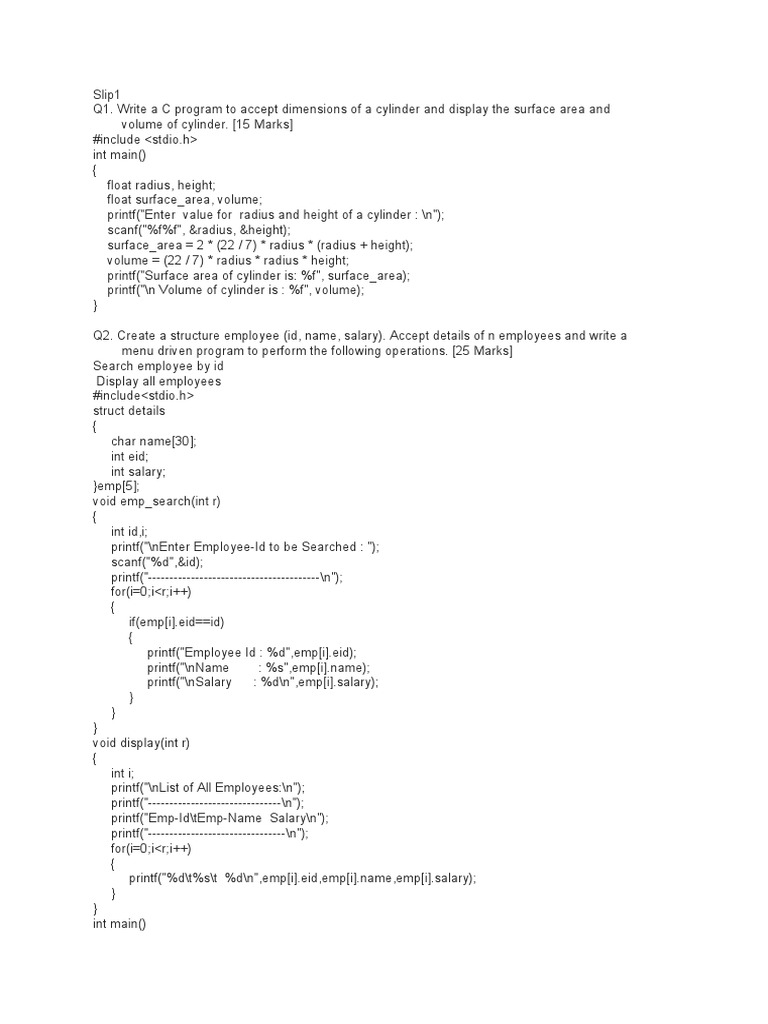 C Language Slips | Download Free PDF | Area | Matrix (Mathematics)