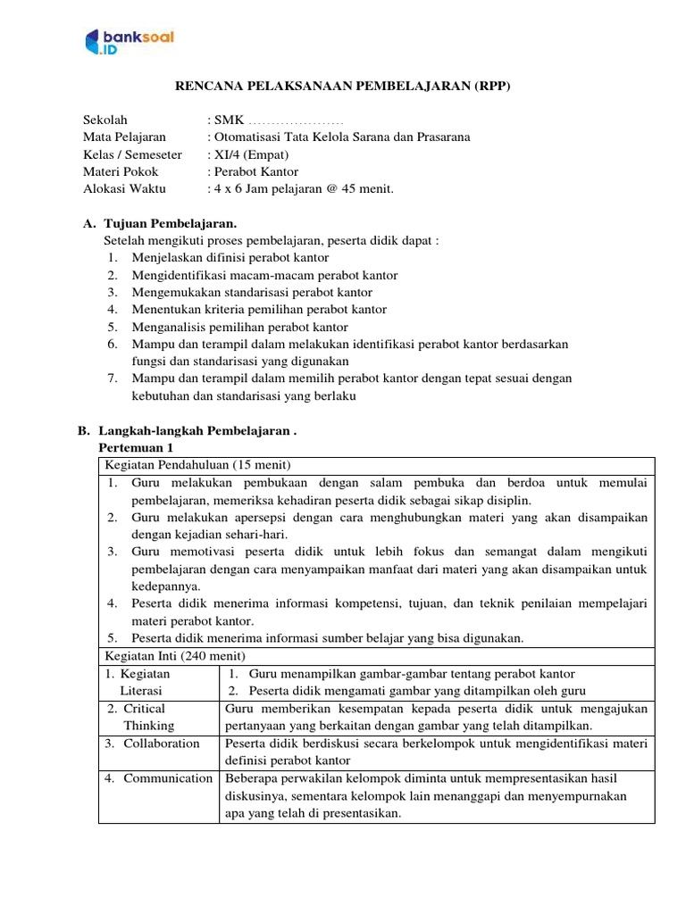 RPP KD 7 Otk Sarpras Kelas Xi SMK Semester Genap Tahun 2021 2022 Bank-Soal - Id | PDF