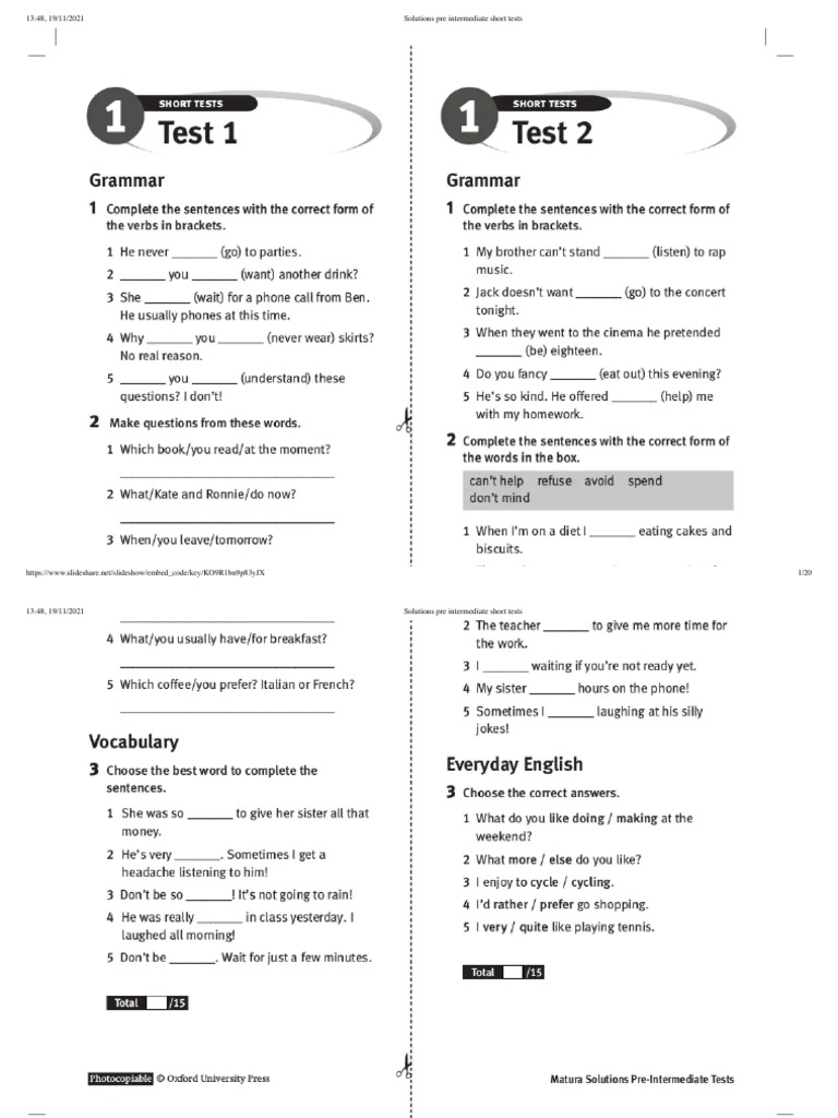 Solutions Pre Intermediate Short Tests | PDF