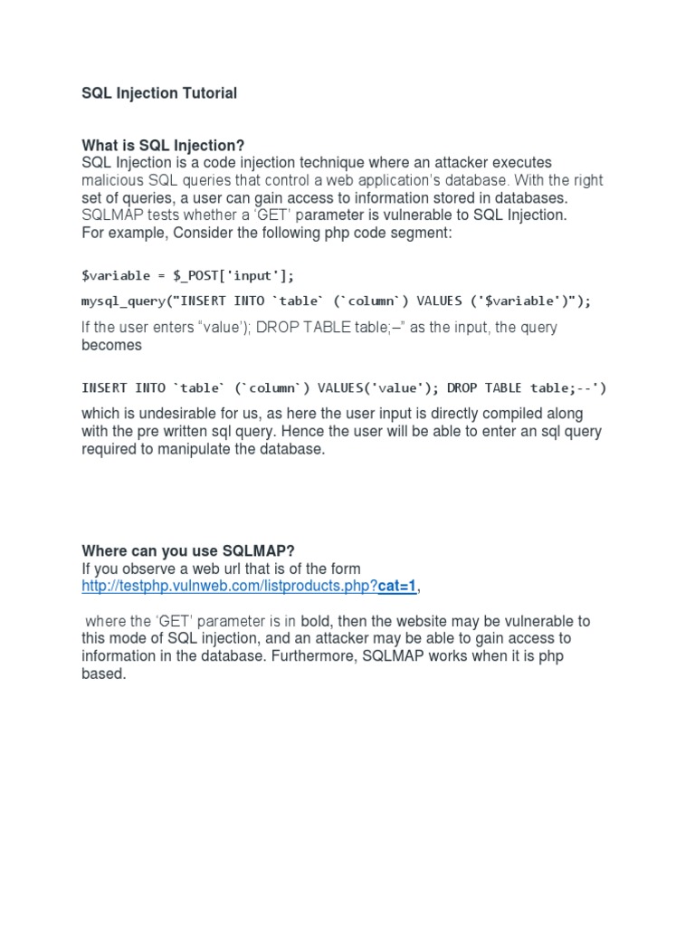 SQL Injection Tutorial | PDF | Databases | Table (Database)