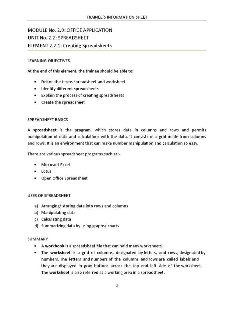 Module No. 2.0: Office Application Unit No. 2.2: Spreadsheet ELEMENT 2.2.1: Creating ...
