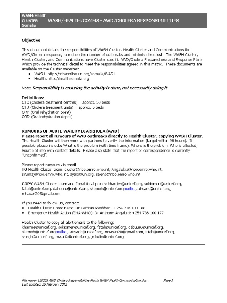 AWD/Cholera Responsibilities Matrix | PDF | Wash | Cholera