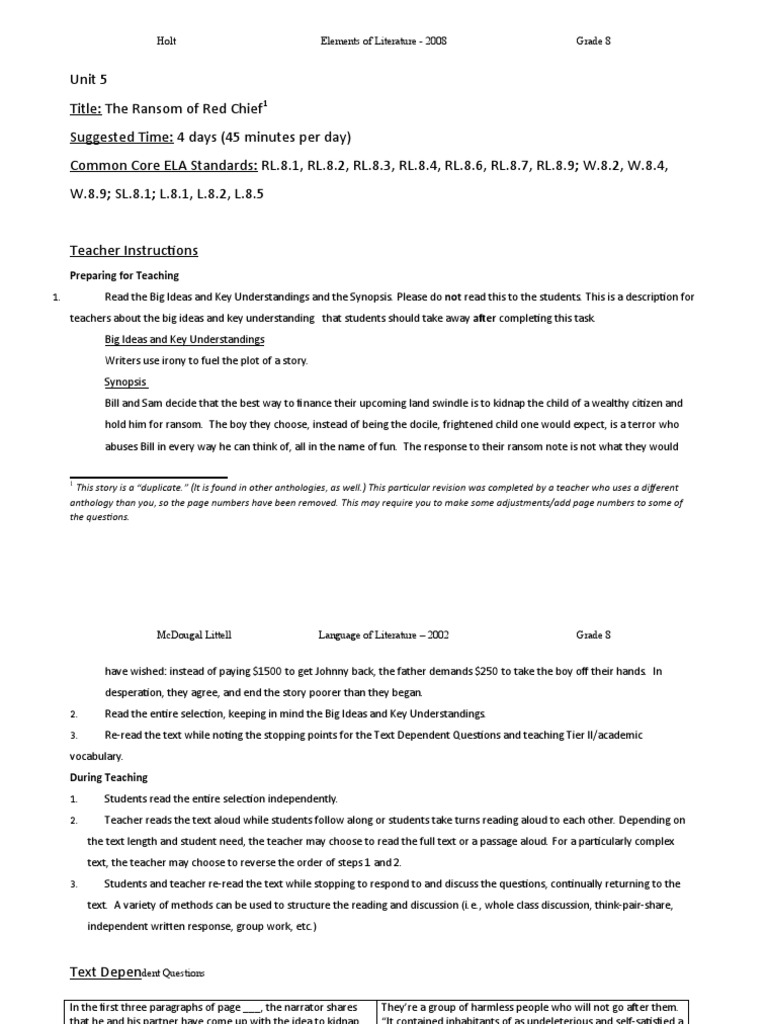 The Ransom of Red Chief. Lesson - Anthology | PDF | Kidnapping | Irony