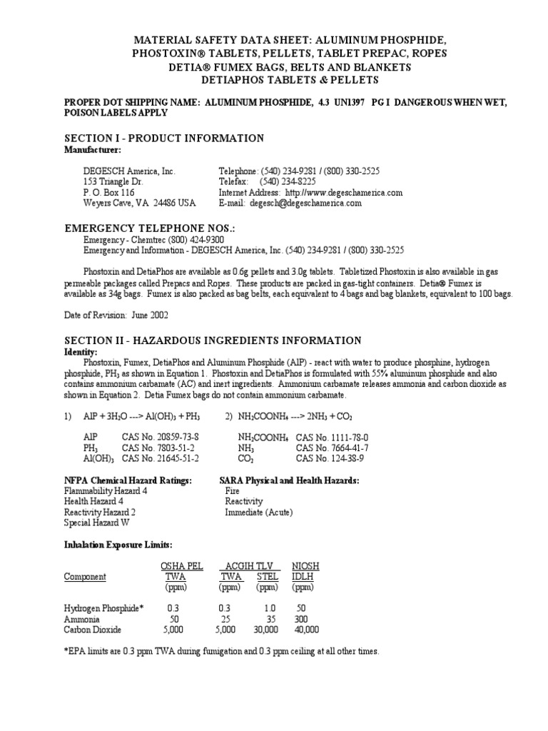 Material Safety Data Sheet: Aluminum Phosphide, Phostoxin Detia ...