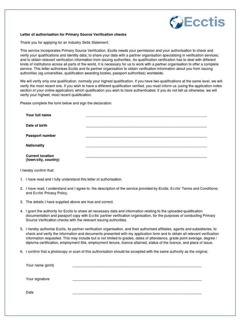 Authorisation for Primary Source Verification of Qualifications and ...
