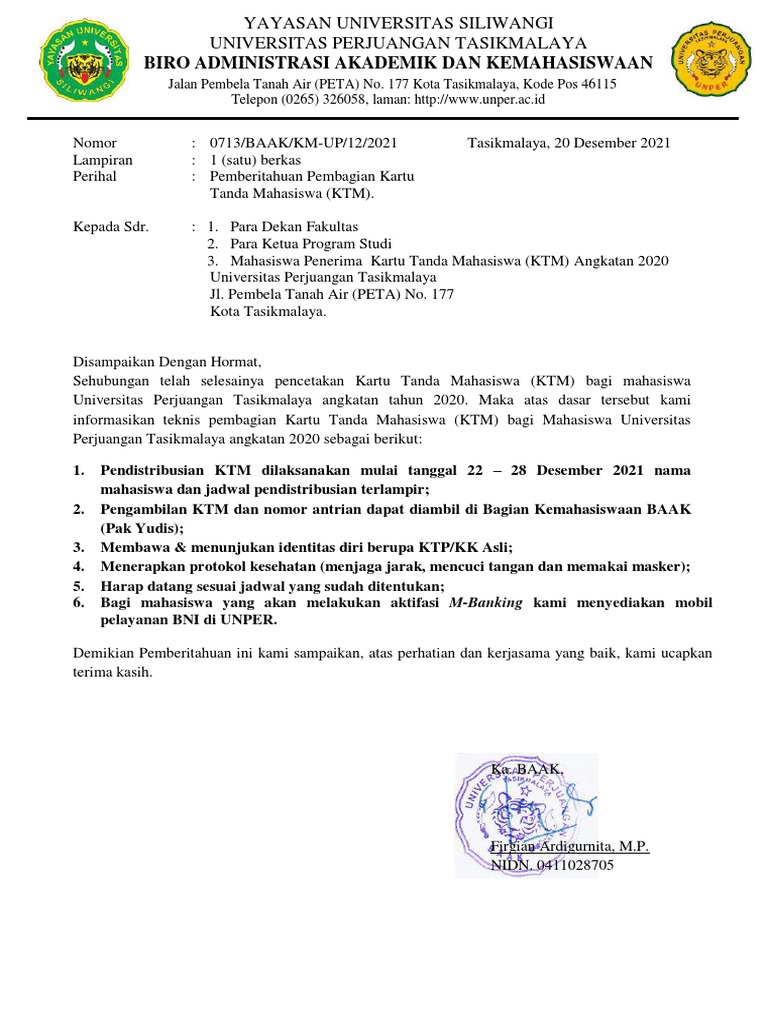 Jadwal Pengambilan KTM Angkatan 2020 | PDF