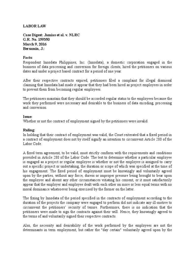 Labor Law Case Digest: Jamias Et Al. v. NLRC G.R. No. 159350 March 9, 2016 Bersamin, J.: Facts ...