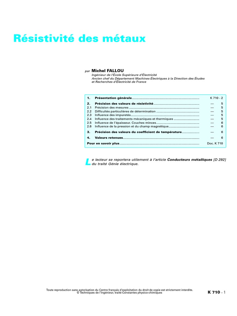 Résistivité Des Métaux | PDF | Conductivité électrique | Métaux