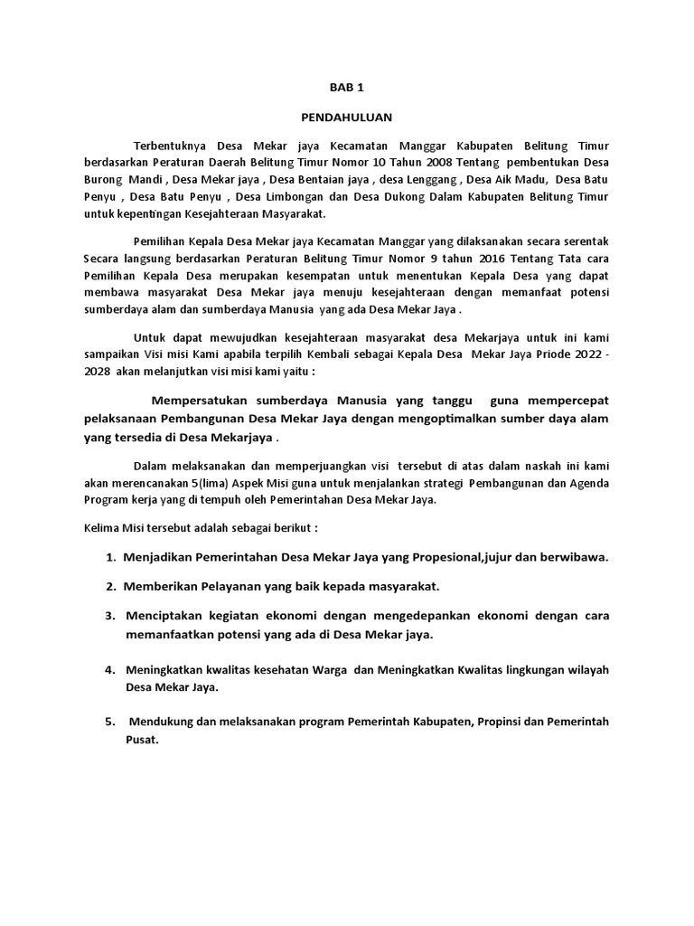 Visi Misi Kepala Desa Priode 2016 ..2022 | PDF