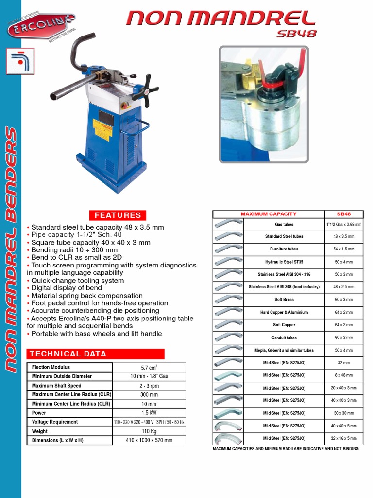 SB48 tube bending machine features and capacities | PDF | Pipe (Fluid ...