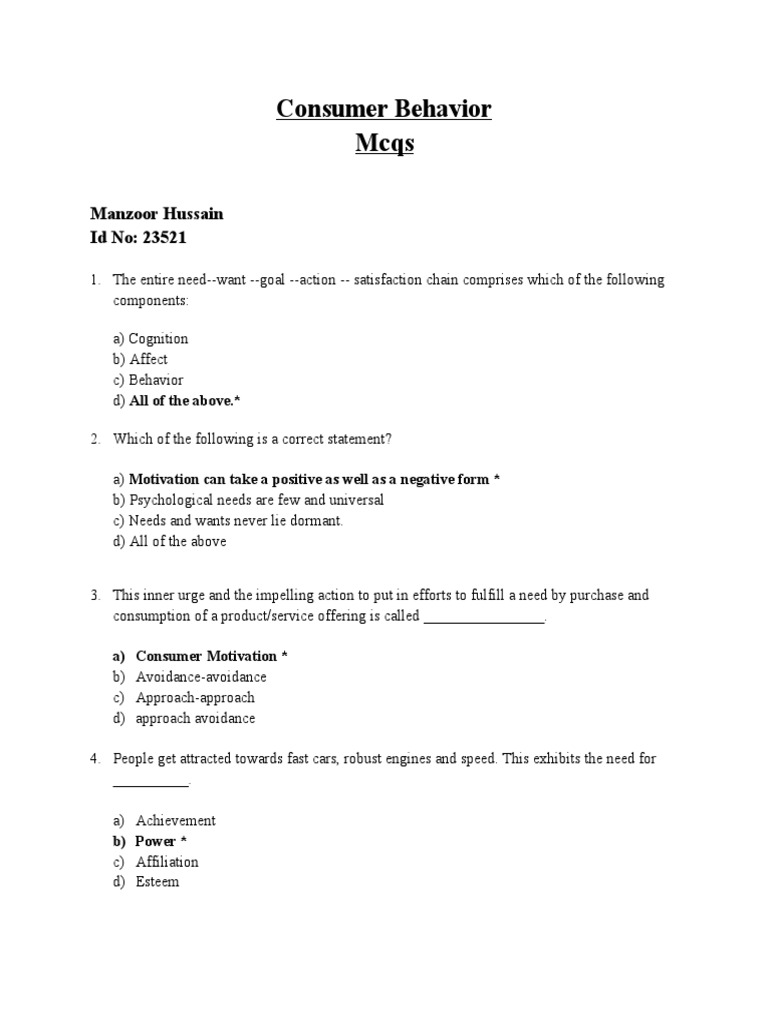 Consumer Behavior MCQS: Manzoor Hussain Id No: 23521 | PDF