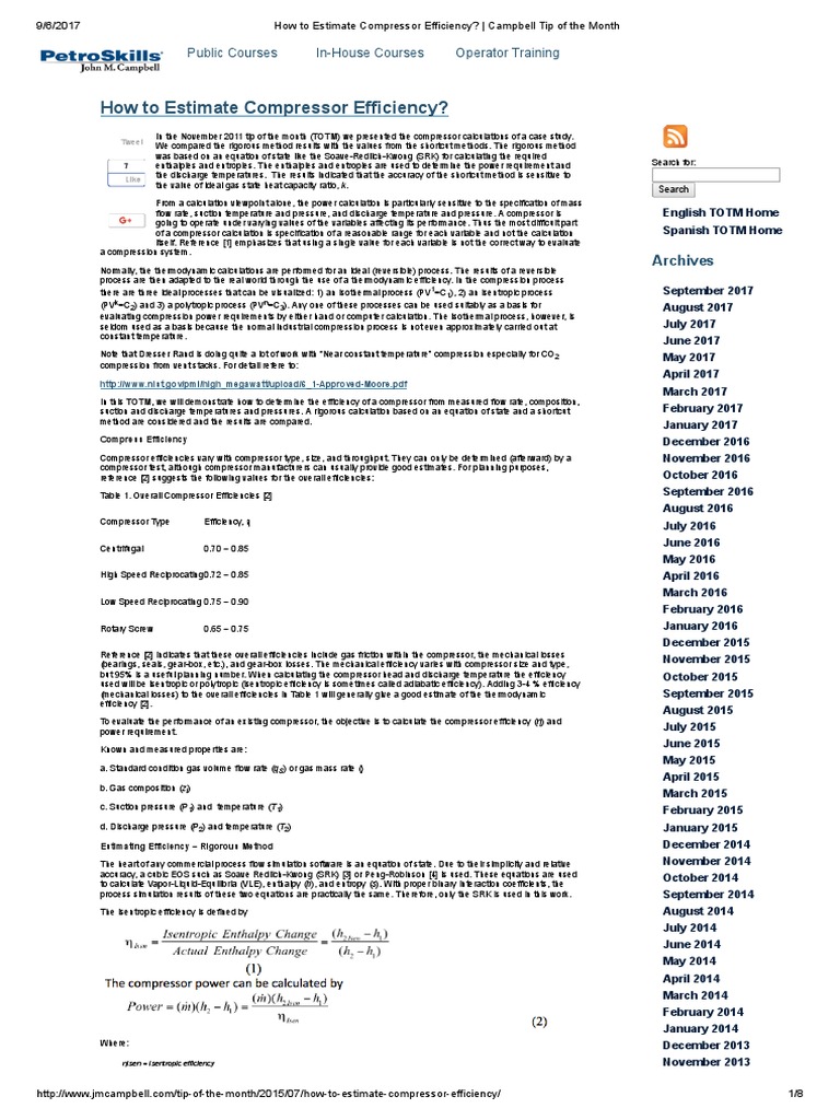 How To Estimate Compressor Efficiency - Campbell Tip of The Month | PDF ...
