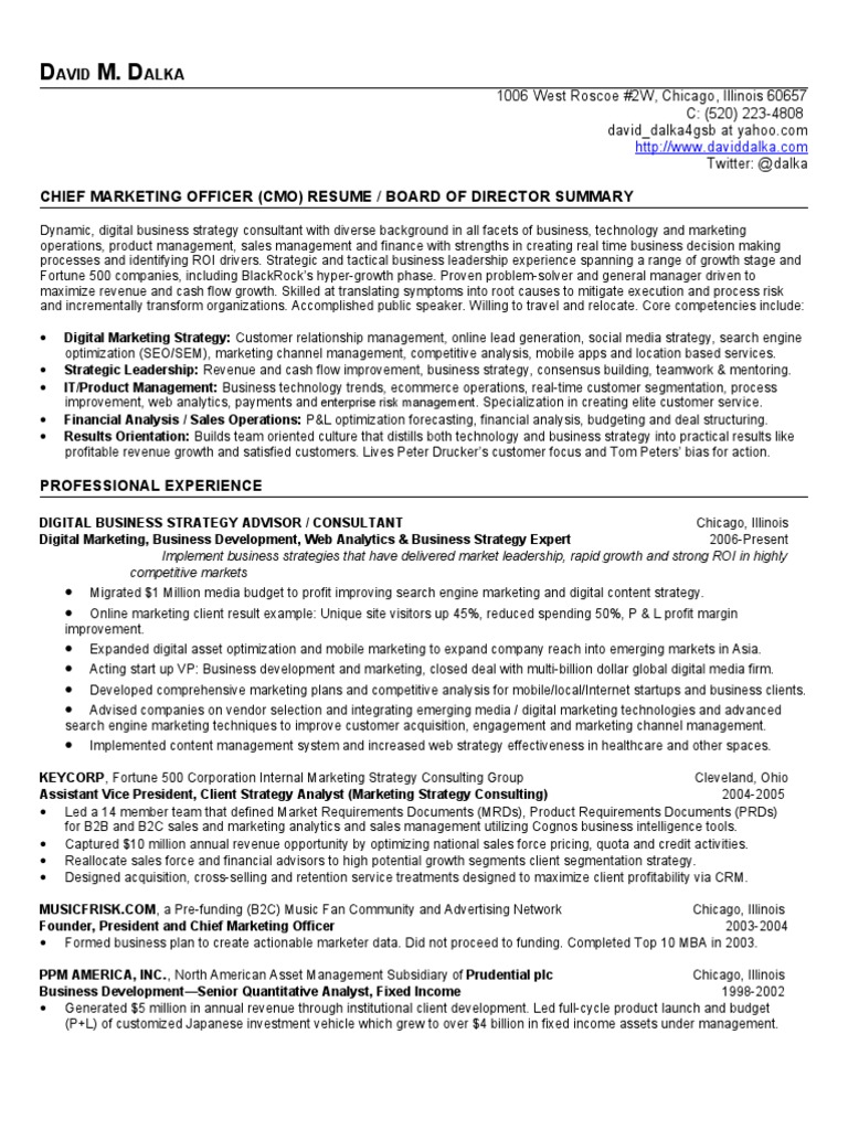 Chief Marketing Officer Resume (CMO) / Board of Directors Resume / SVP ...
