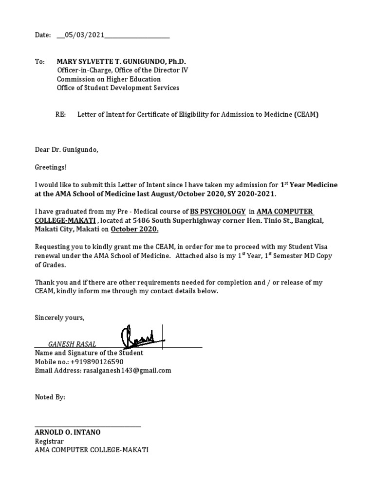 LETTER OF INTENT For BS Completers Oct 2018 (MD 1st Year AUG Oct 2020 ...