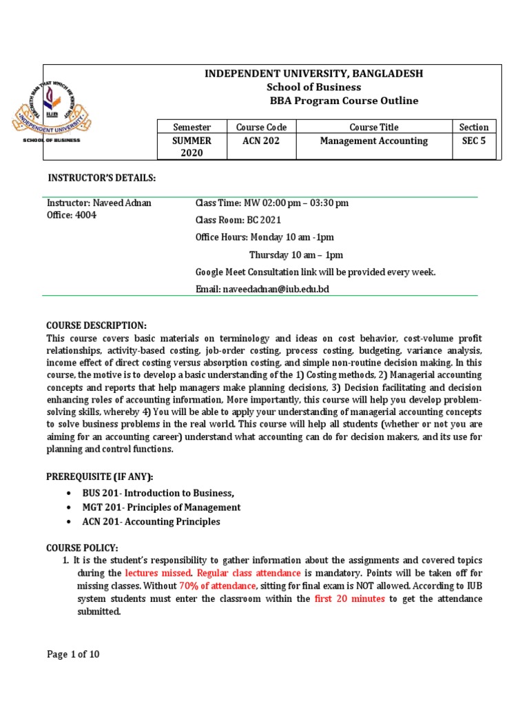 Management Accounting Course Outline | PDF | Accounting | Management ...