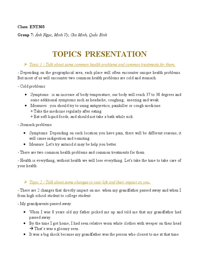 Topics Presentation: Topic 1: Talk About Some Common Health Problems ...