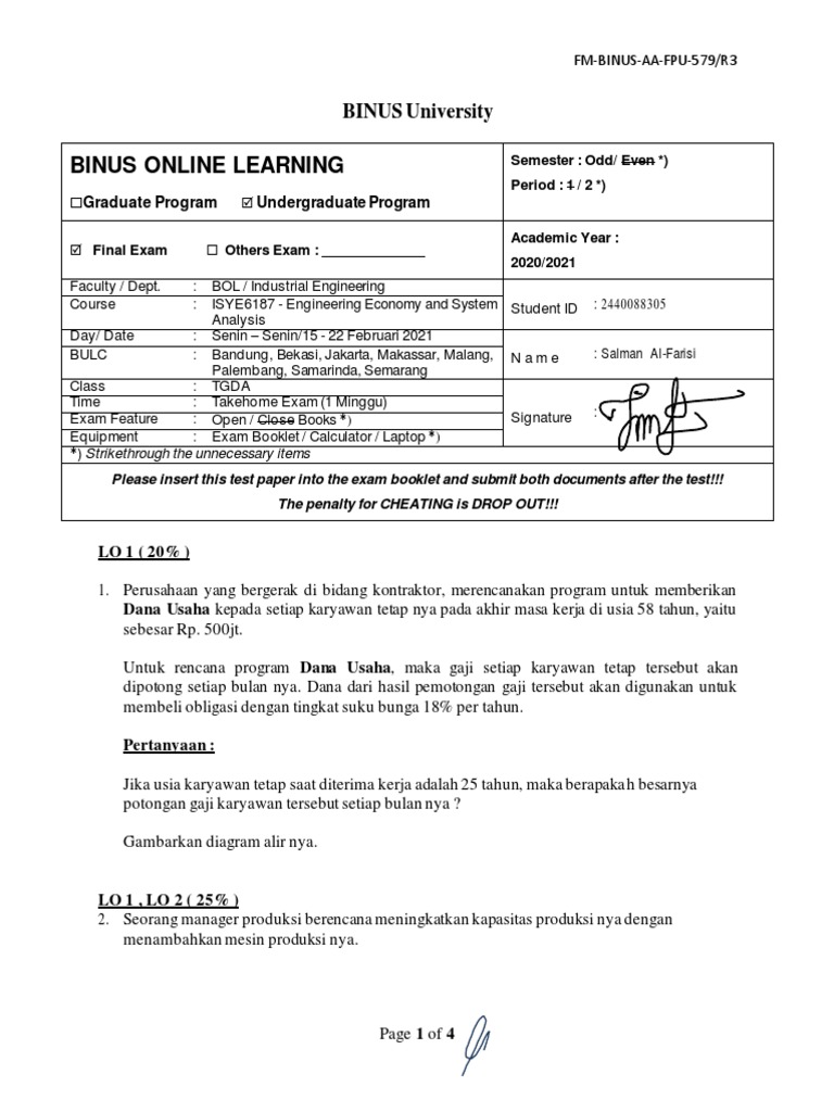 Soal Ujian Ekonomi Teknik BINUS | PDF | Teknologi & Rekayasa