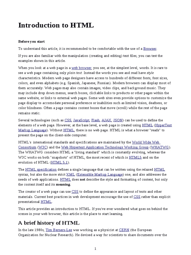 Introduction To HTML: A Brief History of HTML | Download Free PDF | Html Element | Html