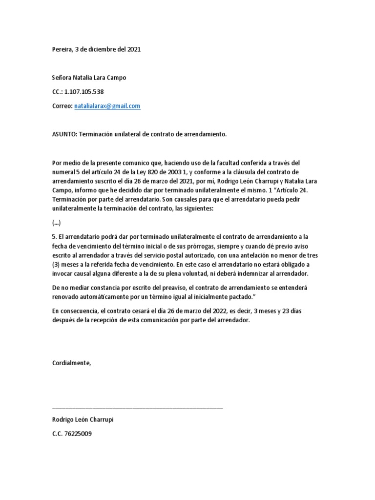 Terminación Unilateral de Contrato de Arrendamiento | PDF