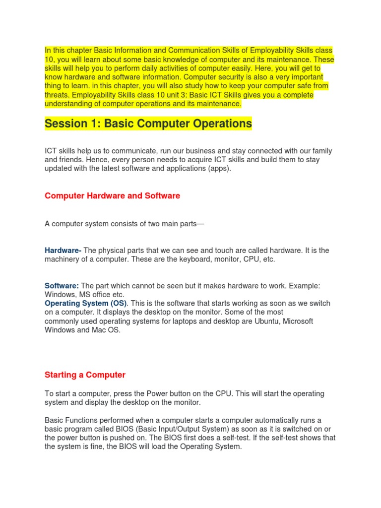 Session 1: Basic Computer Operations: Computer Hardware and Software ...