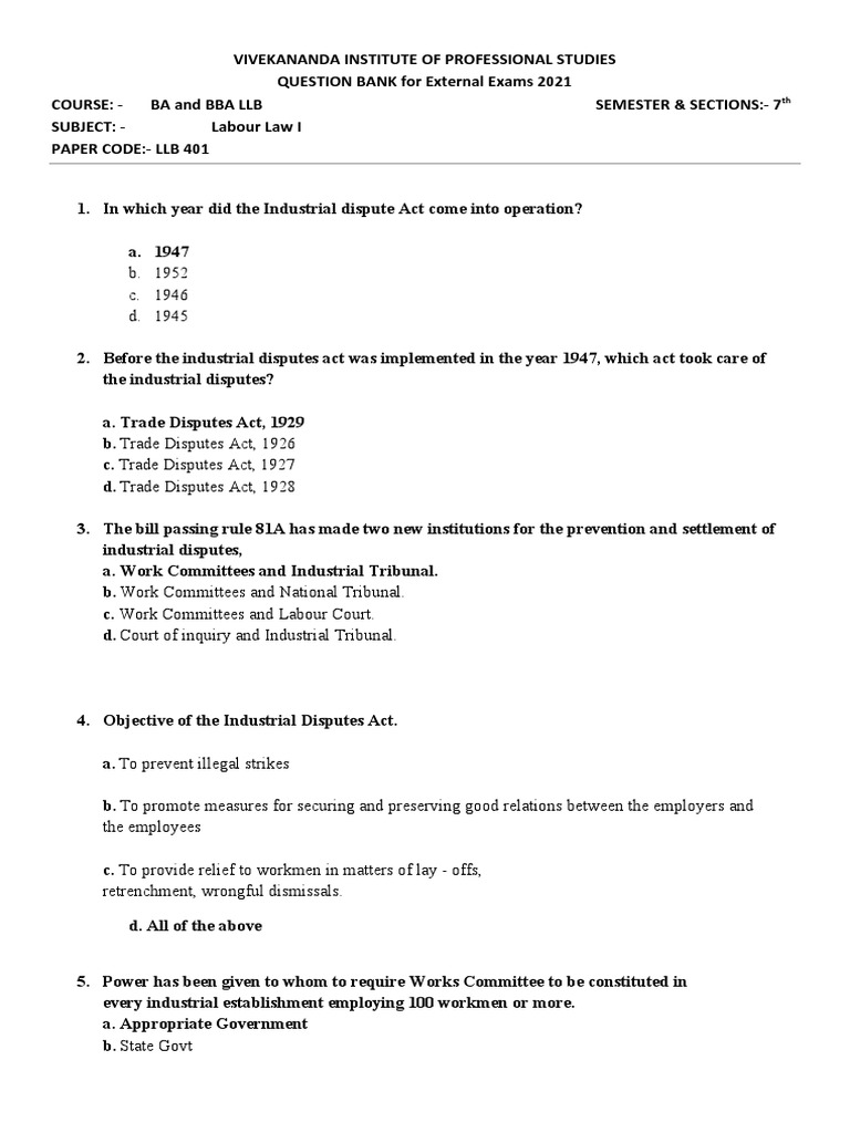 MCQ-Labour Law | PDF | Employment | Strike Action