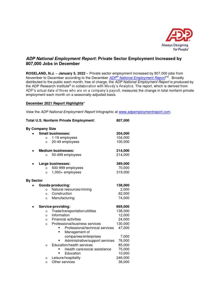 Adp National Employment Report December2021 Final Press Release | PDF ...