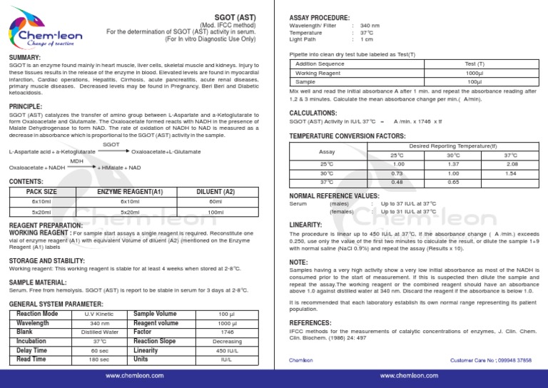 (Mod. IFCC Method) For The Determination of SGOT (AST) Activity in Serum. (For in Vitro ...