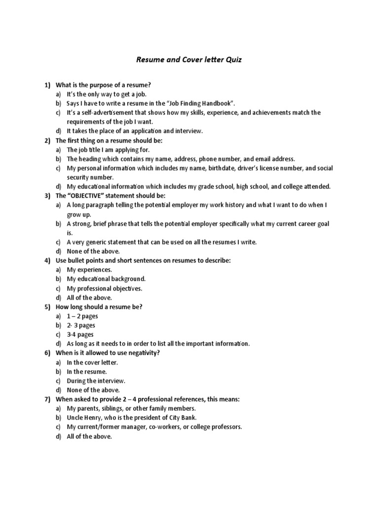 Resume and Cover Letter Quiz | PDF | Résumé | Linguistics