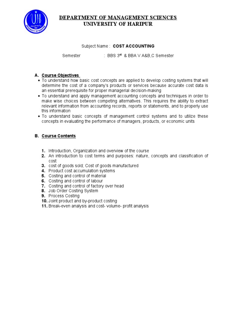 Cost Accounting Course Outline | Download Free PDF | Cost Accounting ...