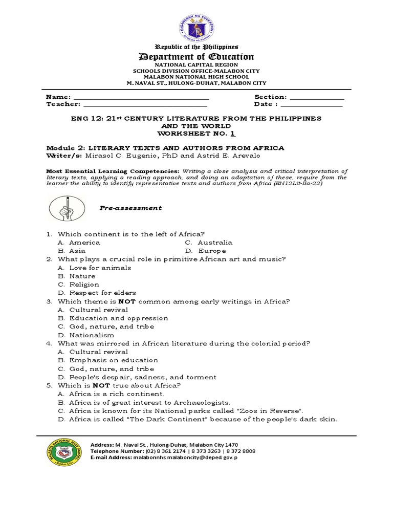 Worksheets 2 - African Lit | PDF | Africa | Slavery