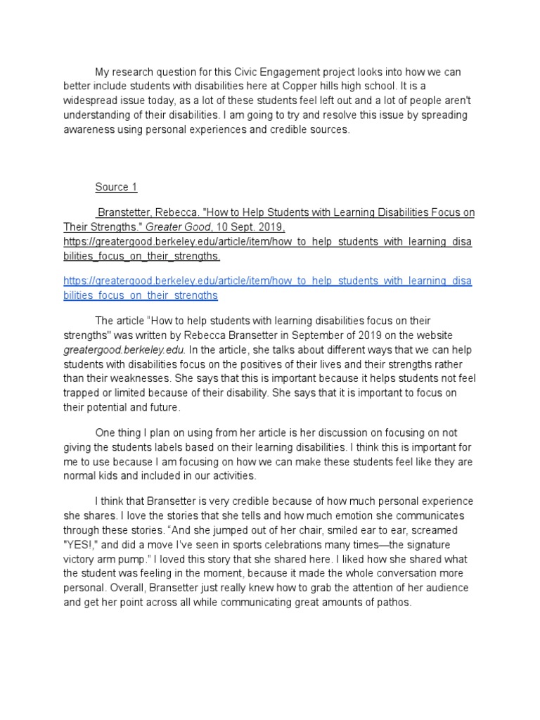 Annotated Bibliography Final Draft | PDF | Special Education | Disability