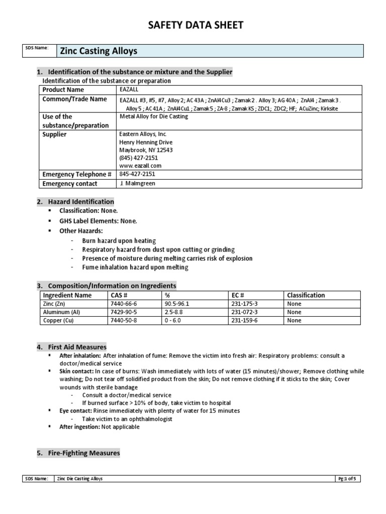 Zamak 3 MSDS Sheet | PDF | Personal Protective Equipment | Firefighting