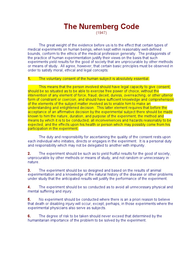 Nuremberg Code | PDF | Experiment | Consent