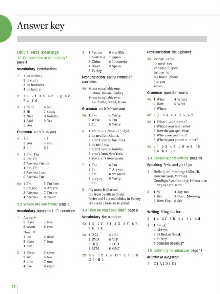 Navigate Beginner A1 Workbook Units 1 & 5 Answer Key | PDF