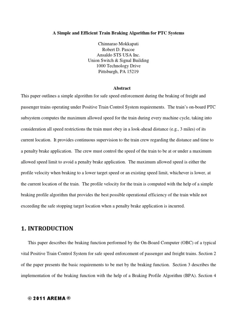 Simple and Efficient Train Braking Algorithm For PTC Systems | PDF | Train