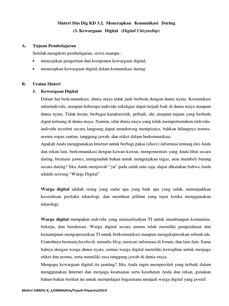 Materi Sim Dig KD 3.2. Menerapkan Komunikasi Daring (3. Kewargaan Digital (Digital Citizenship ...