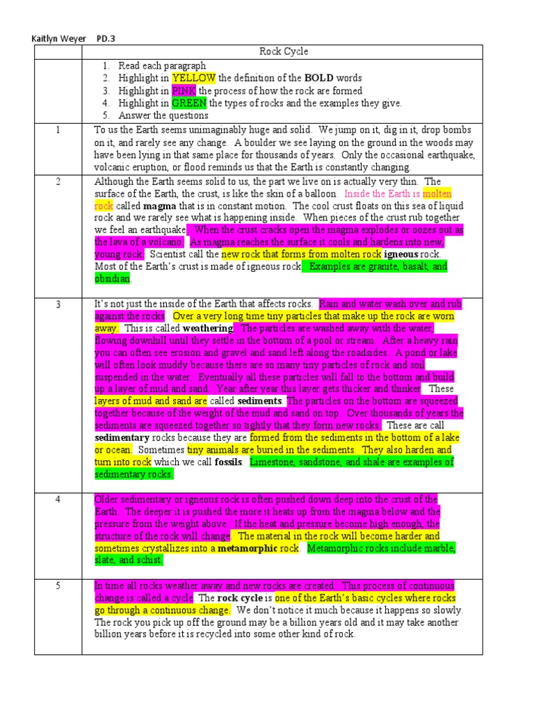 Rock Cycle Reading and Questions | PDF | Rock (Geology) | Sedimentary Rock