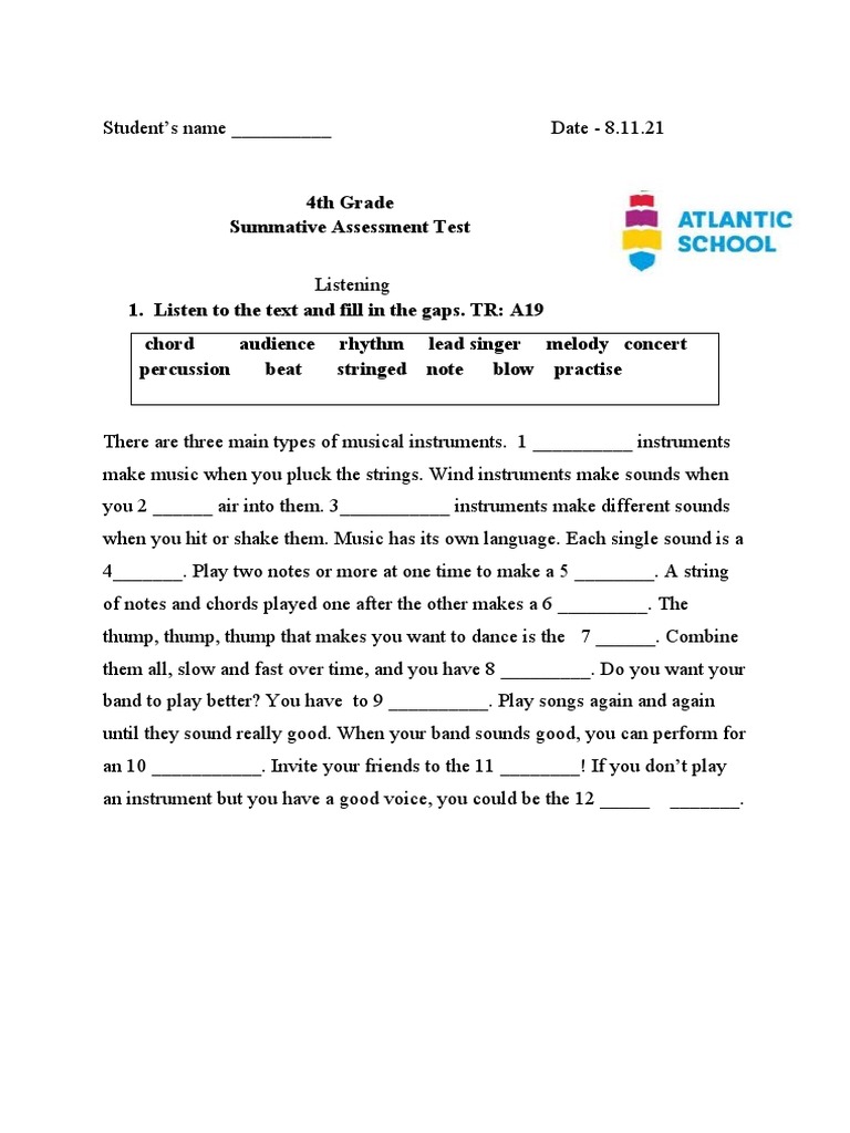 4th Grade Music Assessment Test | PDF | Sound | Pitch (Music)