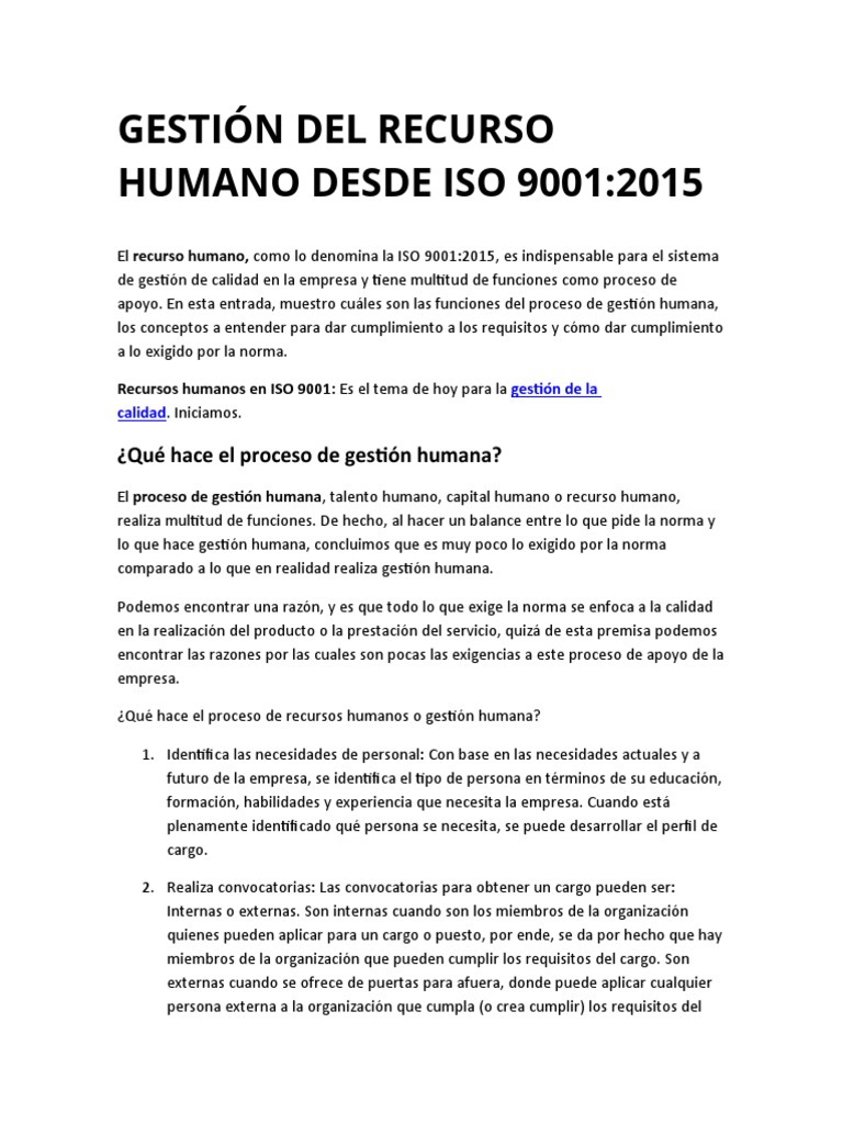 Gestión del recurso humano desde ISO 9001:2015: Funciones clave y cumplimiento de requisitos ...