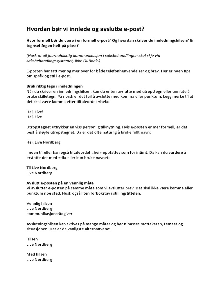 Hvordan Bor Vi Innlede Og Avslutte e Post | PDF