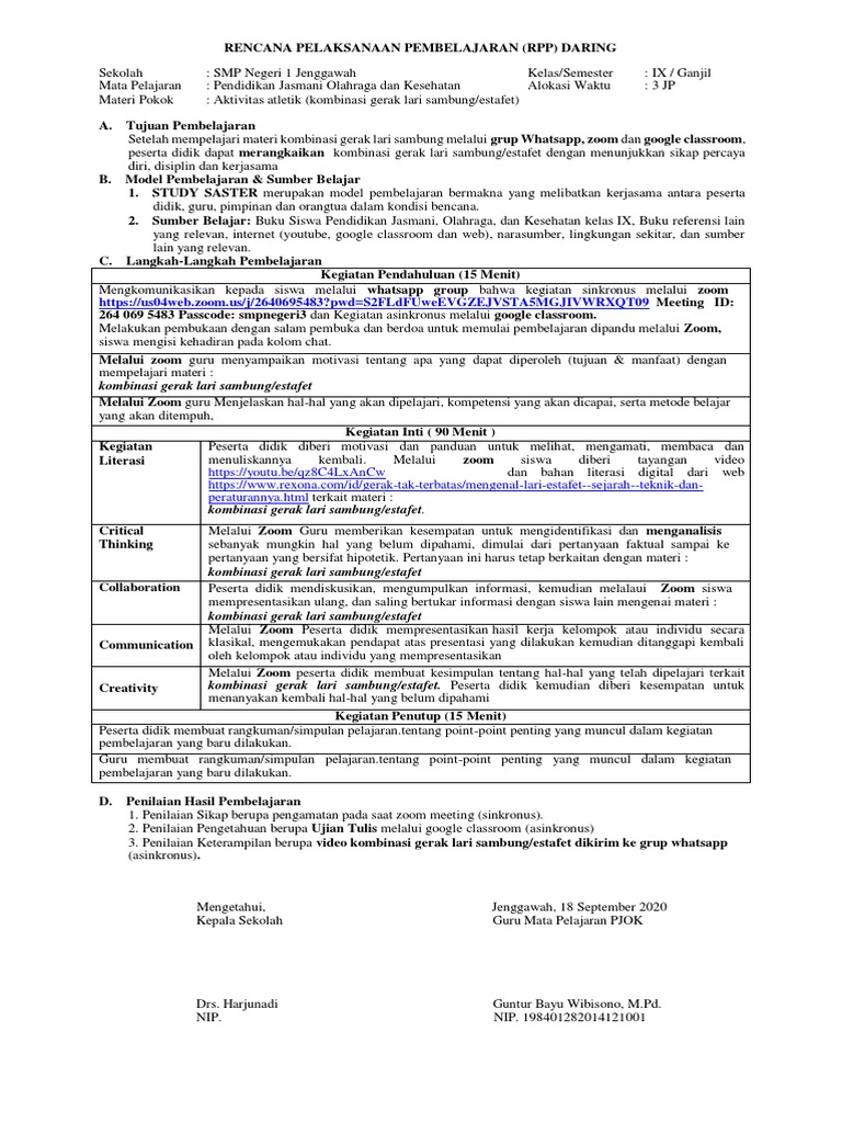 RPP PJJ PJOK - Lari Estafet Kelas 9 | PDF