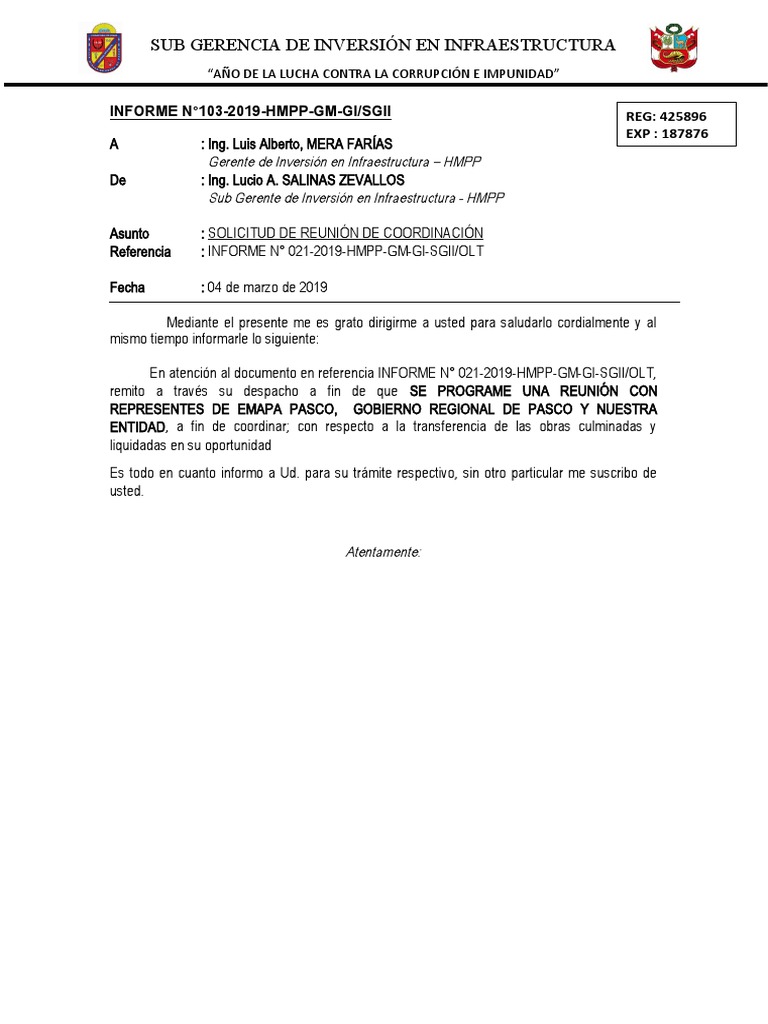 Informe 103-Solicitud de Reunion Con Emapa, Gorepa y La Nuestra | PDF