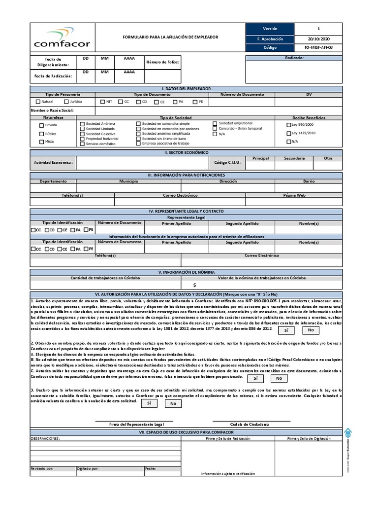 FO-MISF-AFI-03 Formulario para La Afiliación de Empleador - V1 | PDF | Cooperativa | Economias