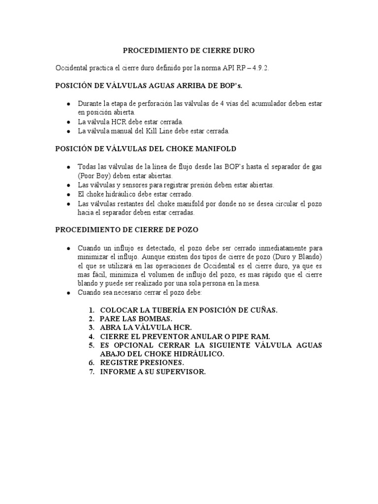 Procedimiento de Cierre Duro y Método Del Perforador | PDF