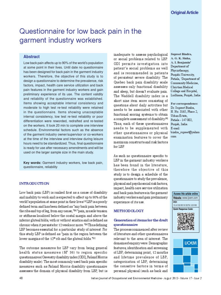 Questionnaire For Low Back Pain in The Garment Industry Workers | PDF ...